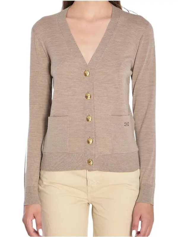 Celine Long-sleeved V-neck Sweater With Button Closure And Pockets - Nude