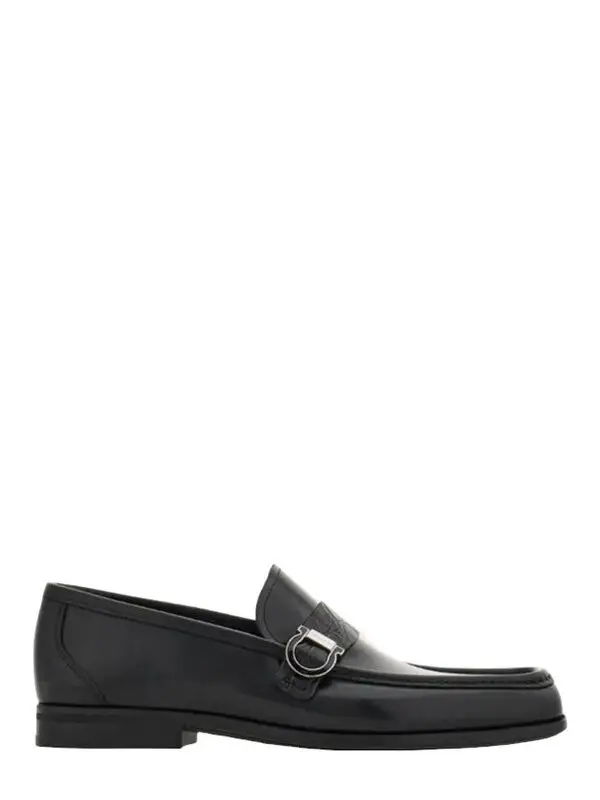 FERRAGAMO Gancini Loafer With Crocodile Leather Straps - Black