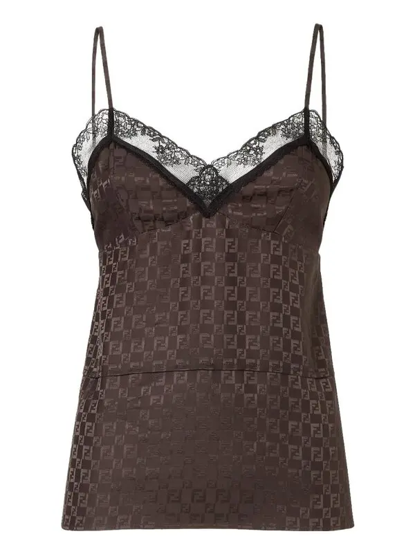 Fendi Jacquard Ff Silk Sleeveless Top With Lace Trim - Brown