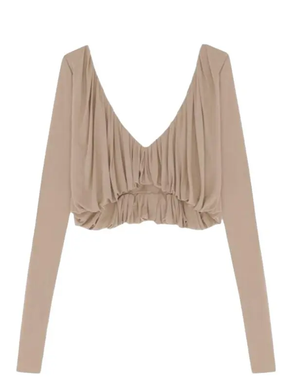 Saint Laurent V-neck Cropped Top With Pleated Details - Nude