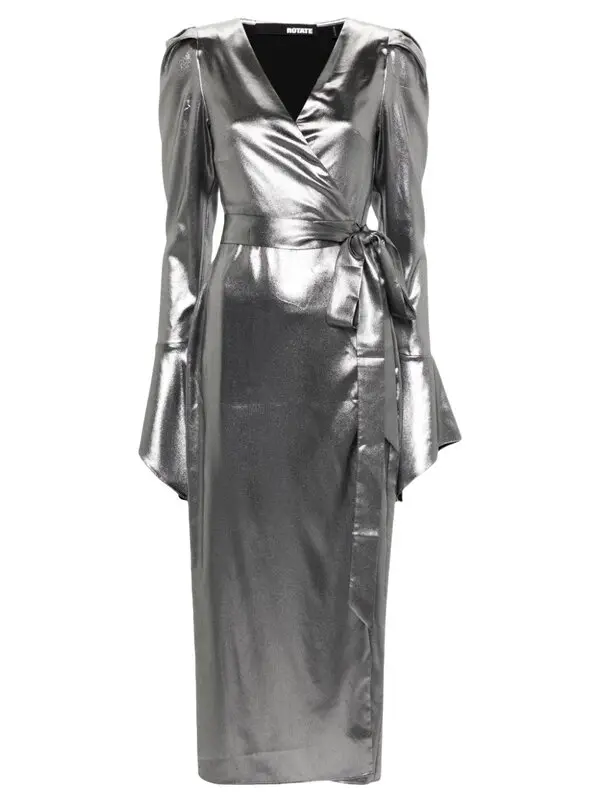 ROTATE BY BIRGER CHRISTENSEN Wrap Midi Dress With Deep V-neck And Bubble Sleeves - Silver