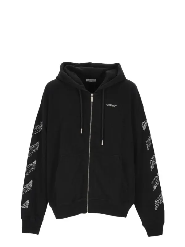 Off-White Zip-up Drawstring Hoodie - Black