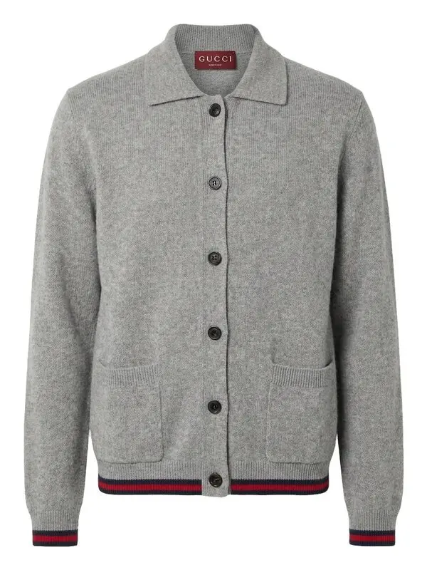 Gucci Cardigan With Pointed Collar And Ribbed Hem - Grey