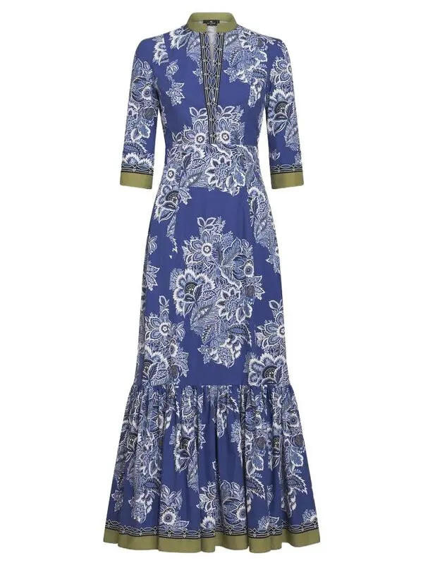 Etro Floral Printed V-neck Maxi Dress - Blue