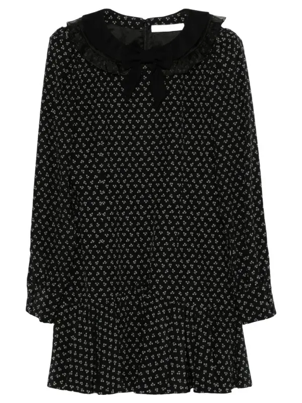 Alessandra Rich Long-sleeved Dress With Peter Pan Collar And Floral Pattern - Black