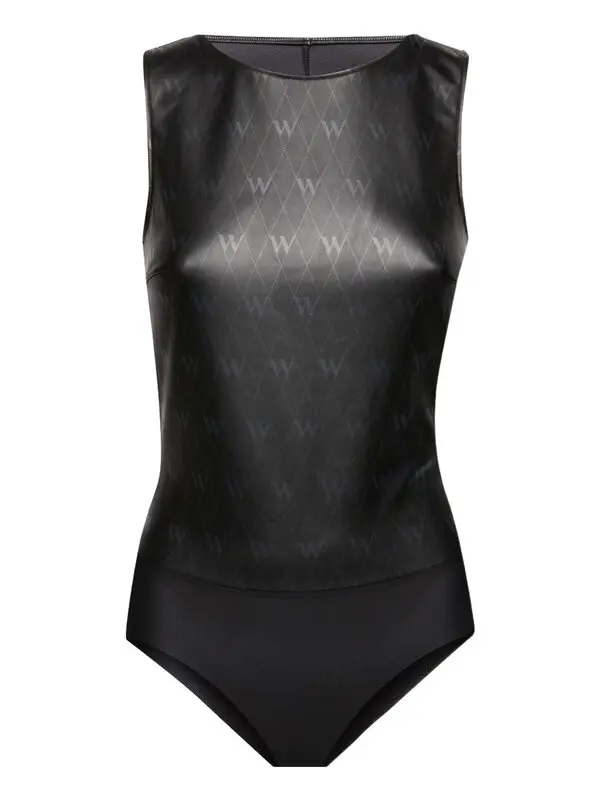 Wolford Sleeveless Faux-leather Bodysuit With Mesh Logo Print - Black
