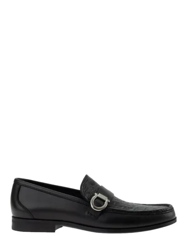 FERRAGAMO Alligator And Calf Leather Loafer With Gancini Ornament - Black