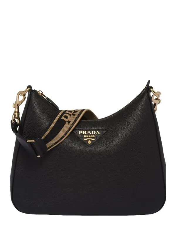 Prada Leather Shoulder Bag With Logo Straps - Black
