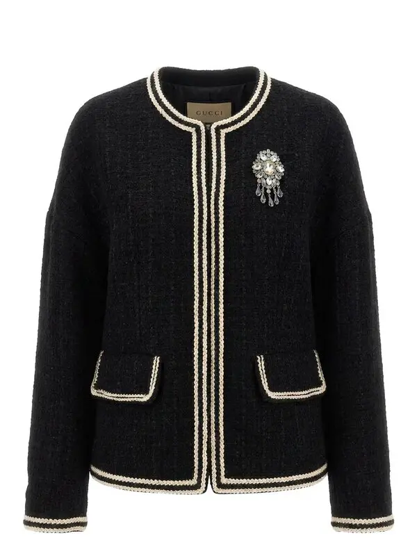 Gucci Interlocking G Tweed Jacket With Crystal Brooch - Black