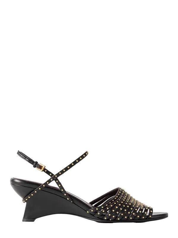 Khaite Studded Strappy Leather Wedge Sandals - Black