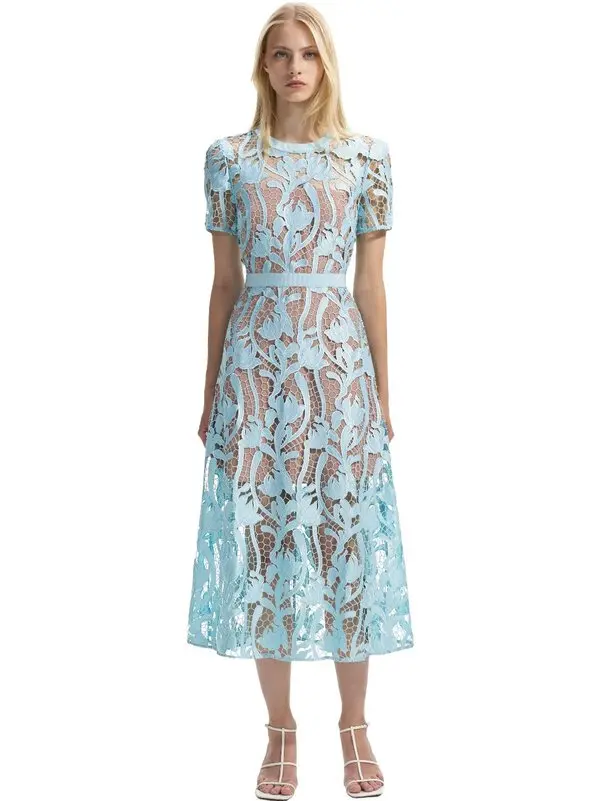 SELF-PORTRAIT Guipure Lace Flared Maxi Dress - Blue