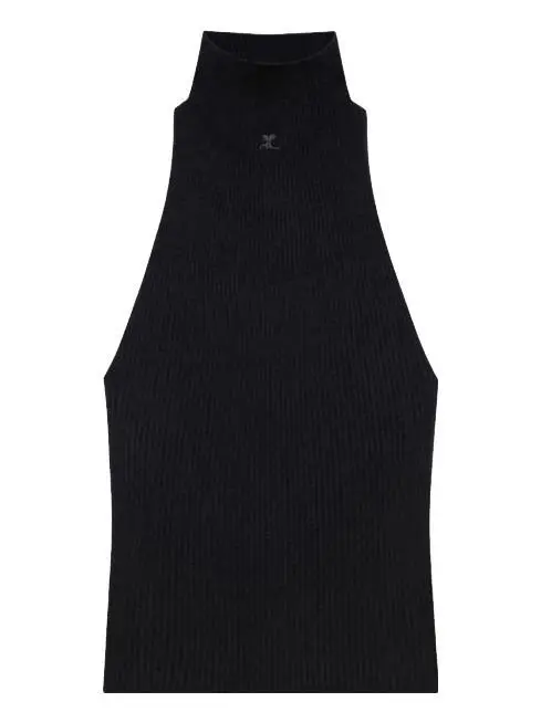 COURREGES Courrèges Sleeveless Ribbed Knit High Neck Tank Top With Logo - Black