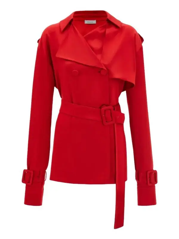 FERRAGAMO Double-breasted Belted Long Sleeve Windbreaker - Deep Red