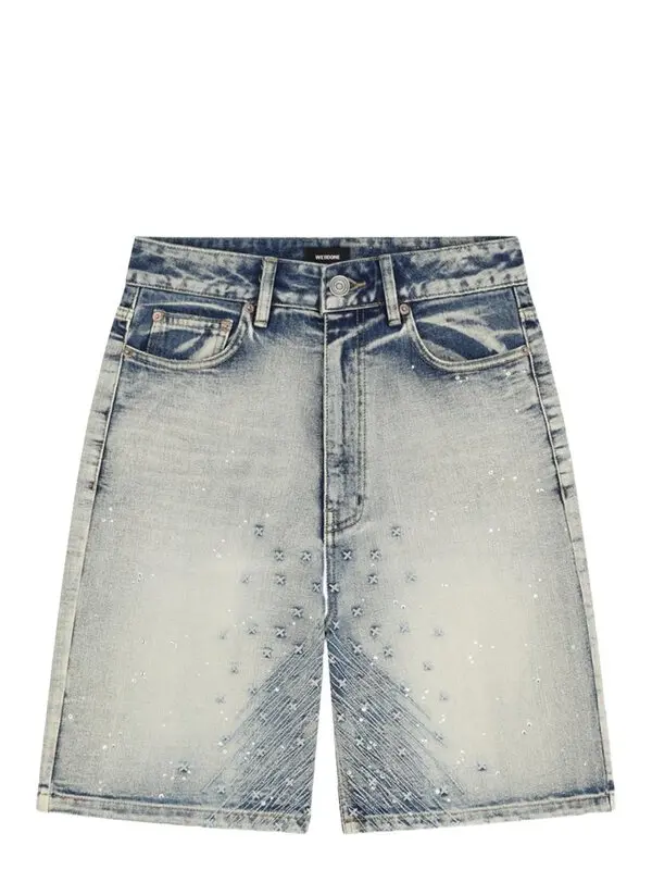 We11Done Mid-waist Faded Denim Shorts With Rhinestone Embellishments - Sky Color
