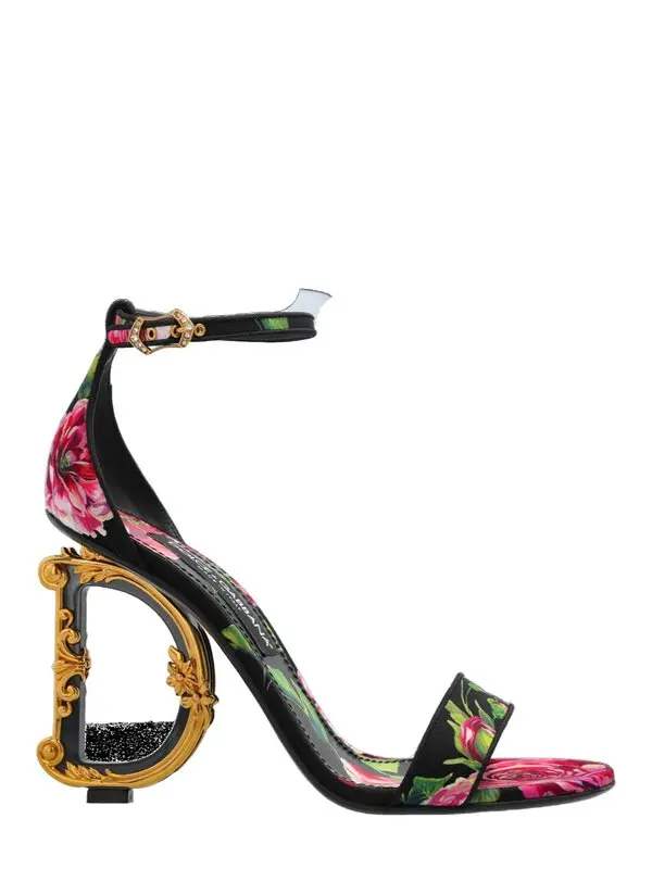 Dolce & Gabbana Floral Printed Heeled Sandals With Dg Monogram Heel - Black