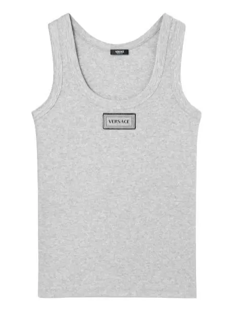 Versace Ribbed Stretch Tank Top With Retro Logo Patch - Grey