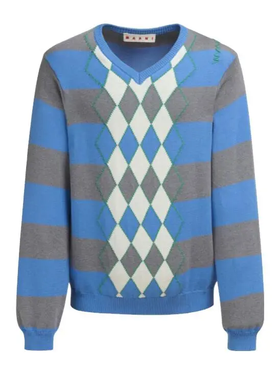 Marni Argyle Motif Striped Jumper - Sky-blue