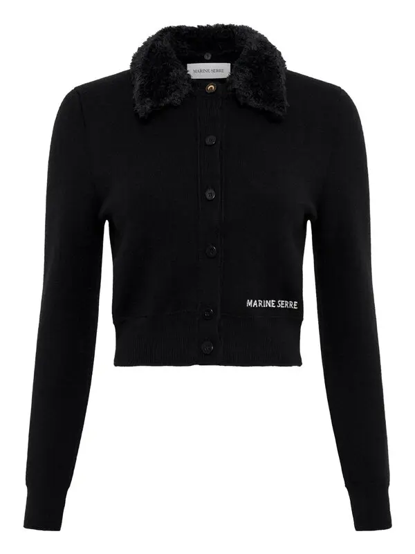 MARINE SERRE Wool Cropped Cardigan With Lapel Collar - Black