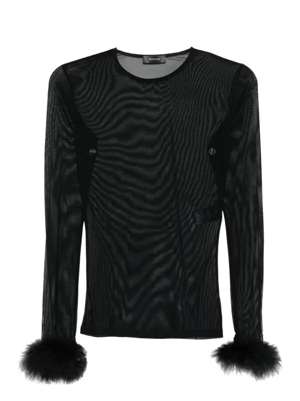 MUGLER Feather-trim Mesh Crewneck Top - Black