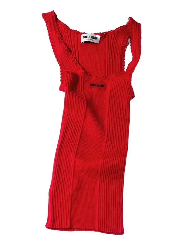 Miu Miu Ribbed Knit Wool Tank Top With Crochet Trim - Red