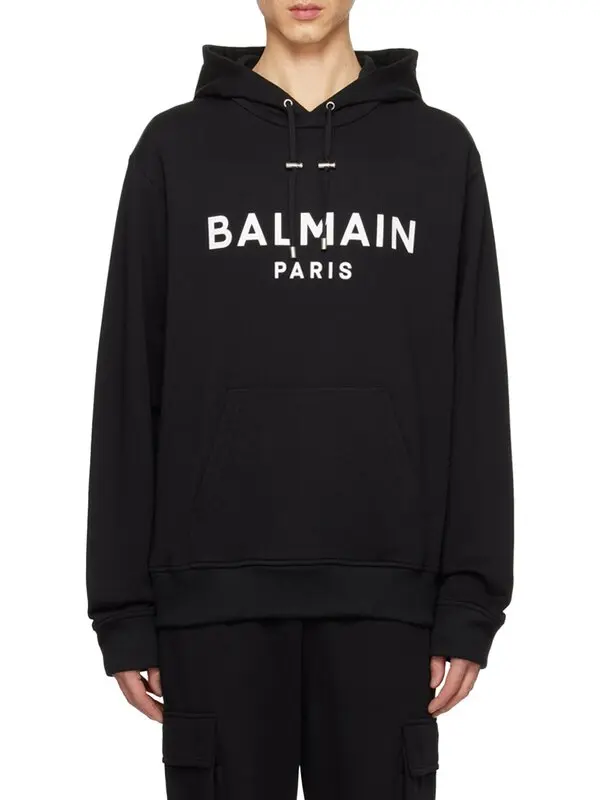 Balmain Logo Printed Drawstring Hoodie - Black