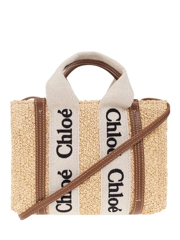 Chloé Logo Raffia Shoulder Bag - Nude