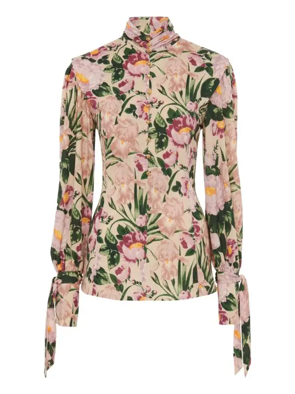 Chloé Floral Print High Neck Long Sleeve Blouse - Nude