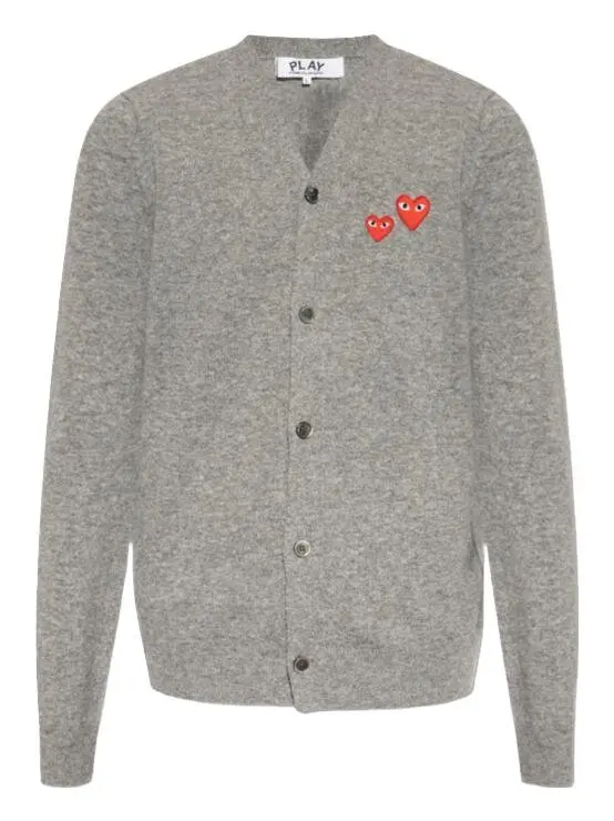 Play Comme Des Garcon Long Sleeve V-neck Cardigan With Heart Appliqu - Gray
