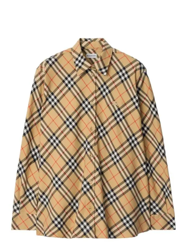 Burberry Checkered Long Sleeve Shirt With Embroidered Equestrian Knight Design - Sand Beige