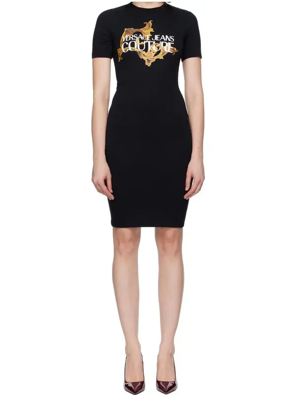 Versace Logo Print Ribbed Midi Dress - Black/gold