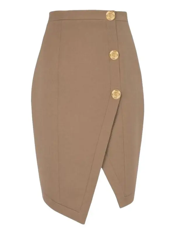 Balmain Taupe Wool Asymmetrical Skirt With Gold Buttons - Brown
