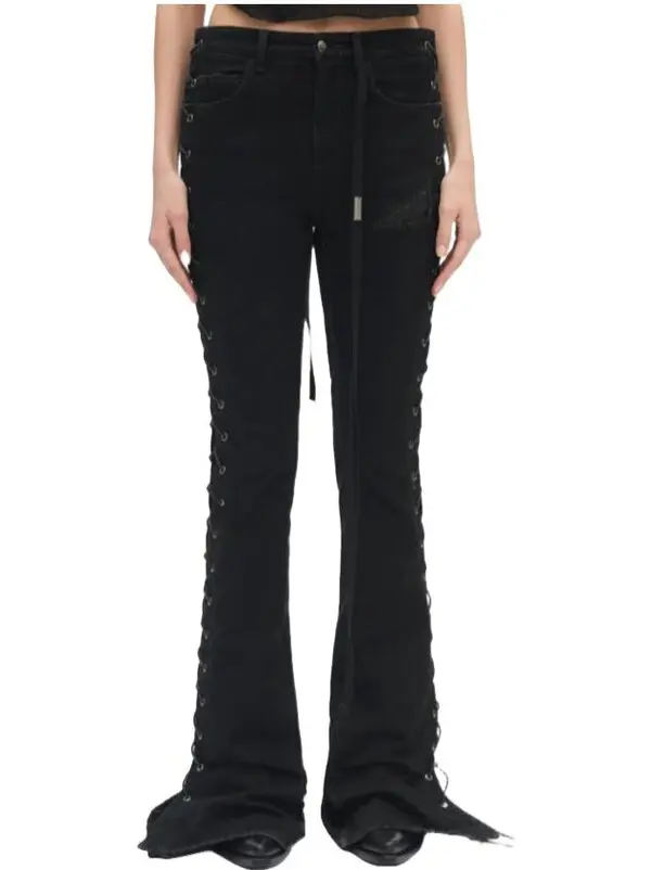 ANN DEMEULEMEESTER Distressed Denim Bootcut Jeans With Patchwork And Side Lace-up Detail - Black