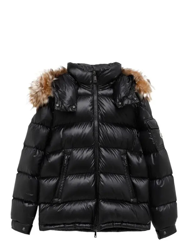 Moncler Padded Hooded Jacket With Logo Patch And Fur Trim - Black