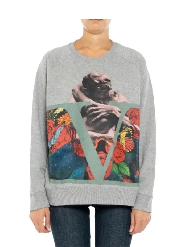 Valentino Garavani Printed Round Neck Long Sleeve Sweater - Gray