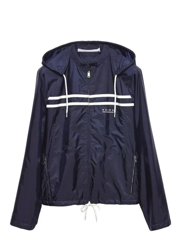 Prada Re-nylon Zip-up Hooded Jacket With Printed Logo - Blue/white