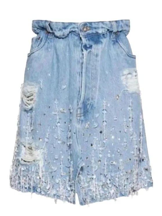 Miu Miu High-waisted Crystal-embellished Denim Skirt - Blue