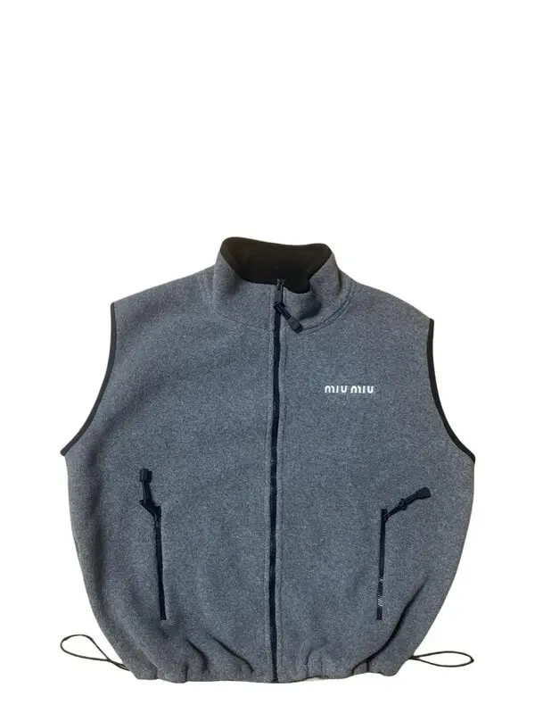 Miu Miu Fleece Sleeveless Full Zip Vest With Logo Embellishment - Grey