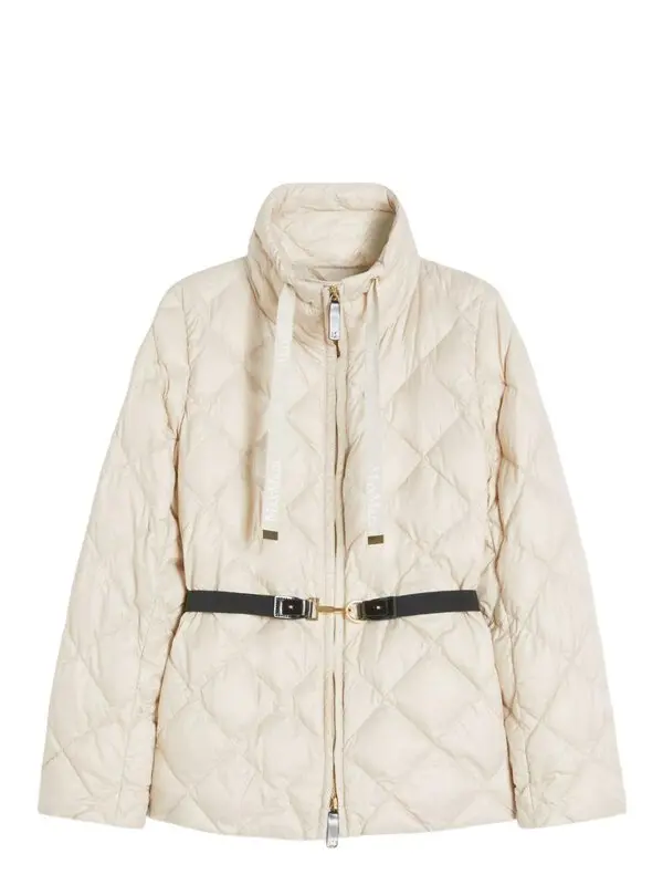 Max Mara Quilted Zip-up Jacket With Drawstring Collar And Leather Belt - Sand-colored