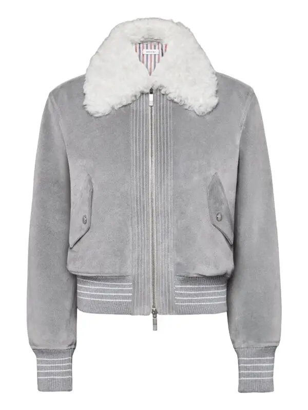 Thom Browne Shearling Collar Suede Jacket - Medium Gray