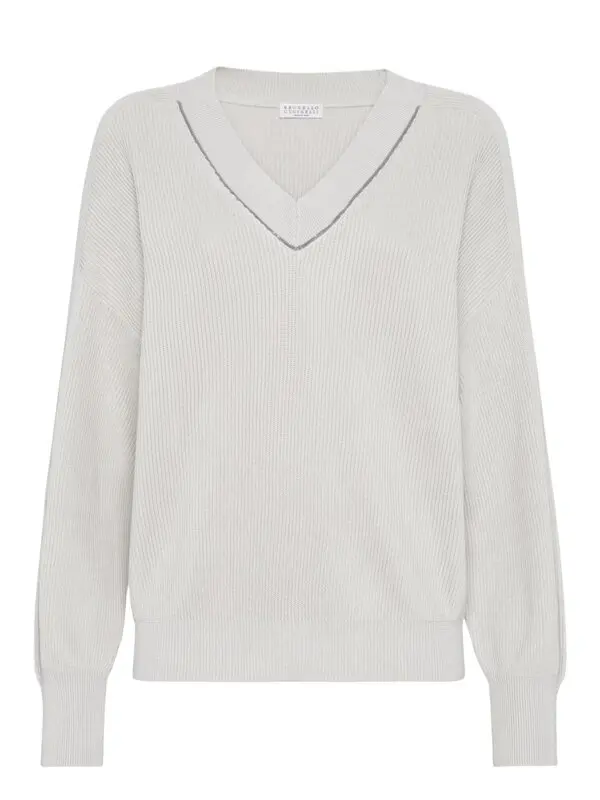 Brunello Cucinelli Monili-trim V-neck Ribbed Jumper - Ivory