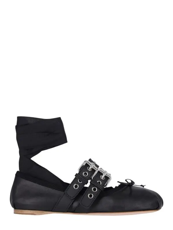 Miu Miu Ballerina Flats With Buckle And Bow Detailing - Black