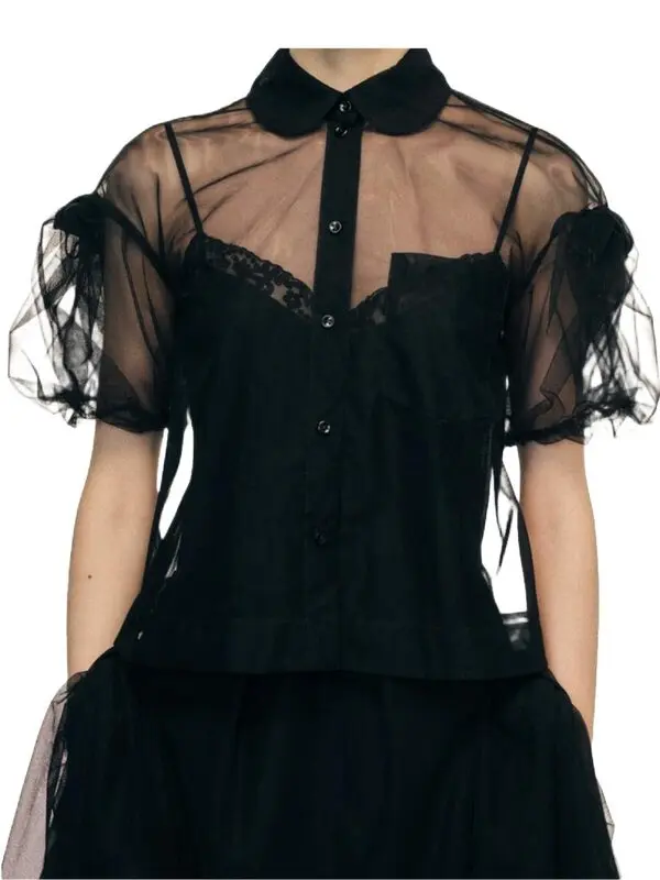 Simone Rocha Sheer Cropped Puff Sleeve Shirt - Black