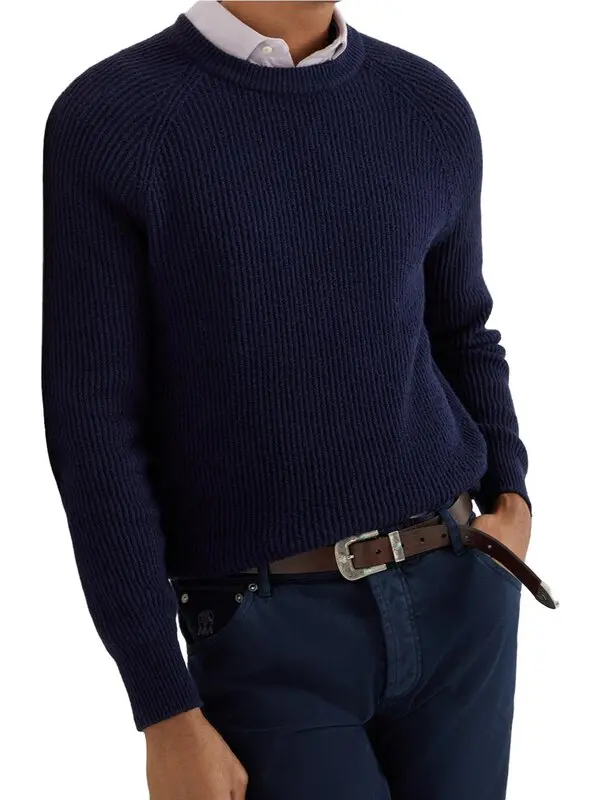 Brunello Cucinelli Ribbed-knit Crewneck Jumper - Navy Blue