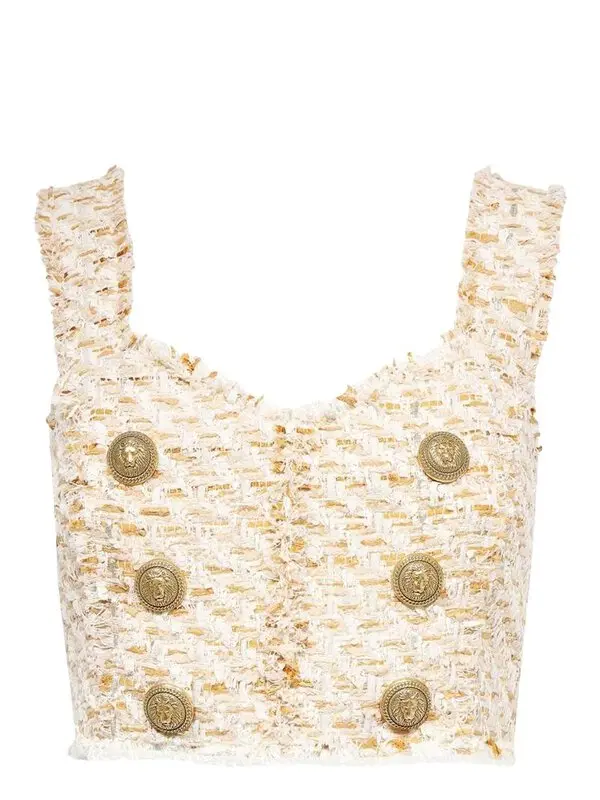 Balmain Embellished Tweed Cropped Top - Nude