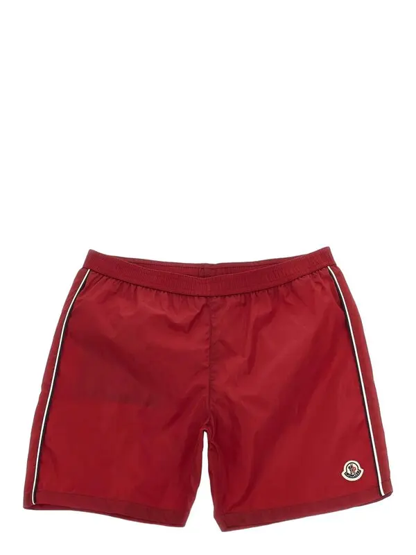 Moncler Elastic Waist Shorts With Tricolor Piping And Logo Patch - Red