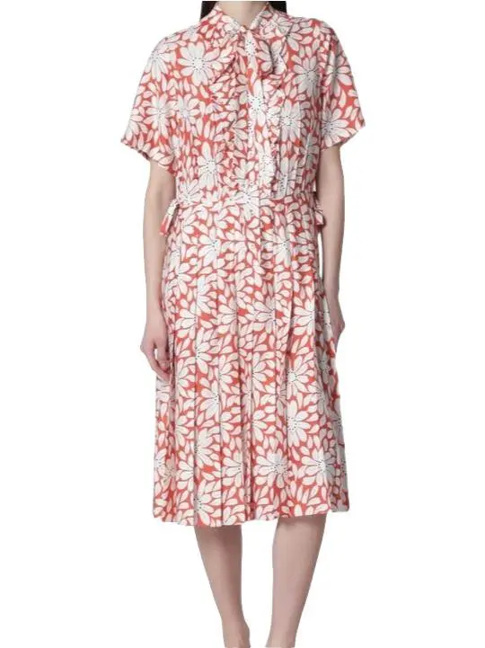 Prada Printed Pleated Pongé Midi Dress With Necktie Detail - Pink