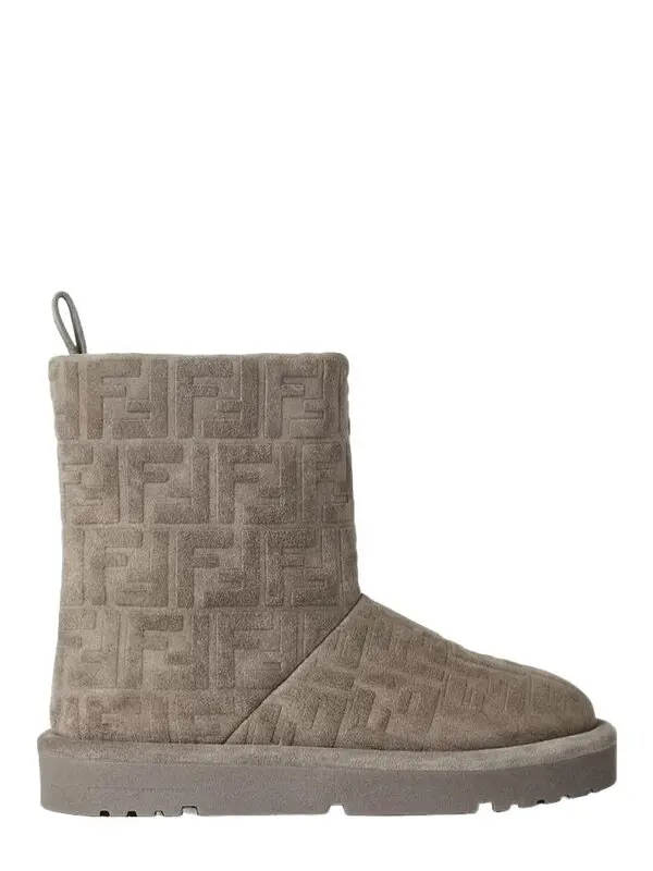 Fendi Monogram Embossed Suede Shearling Lined Boots - Grey