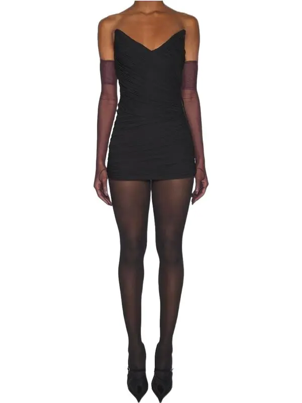 MUGLER V-neck Strapless Gathered Draped Mini Dress - Black