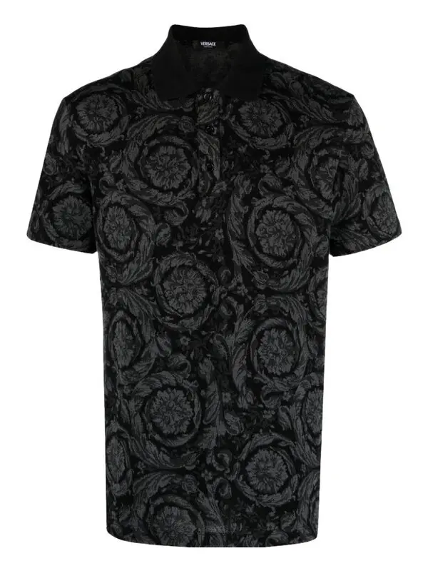 Versace Barocco-jacquard Short-sleeved Polo Shirt - Black