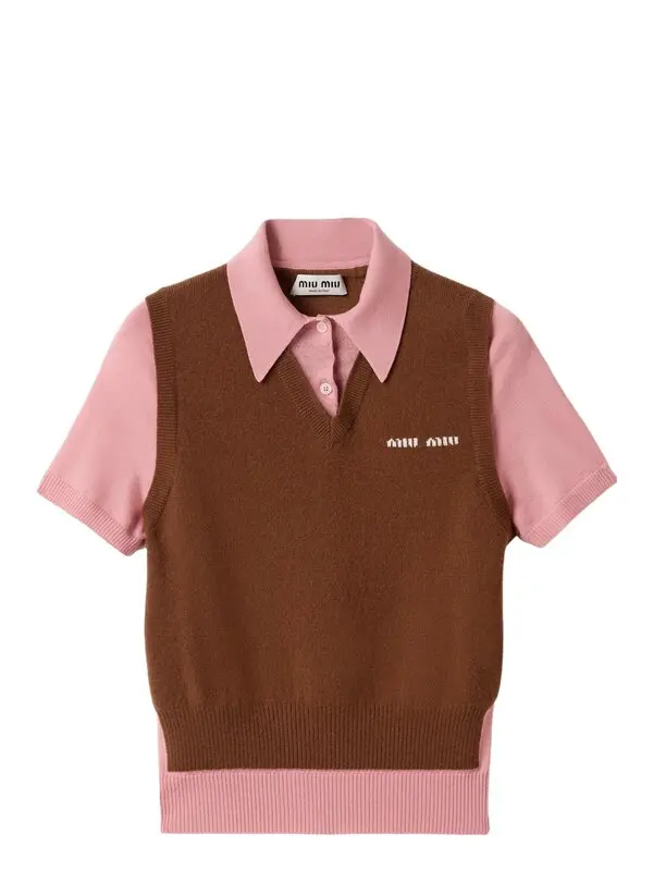 Miu Miu Logo Intarsia Knitted Polo Top - Tobacco Color/pink